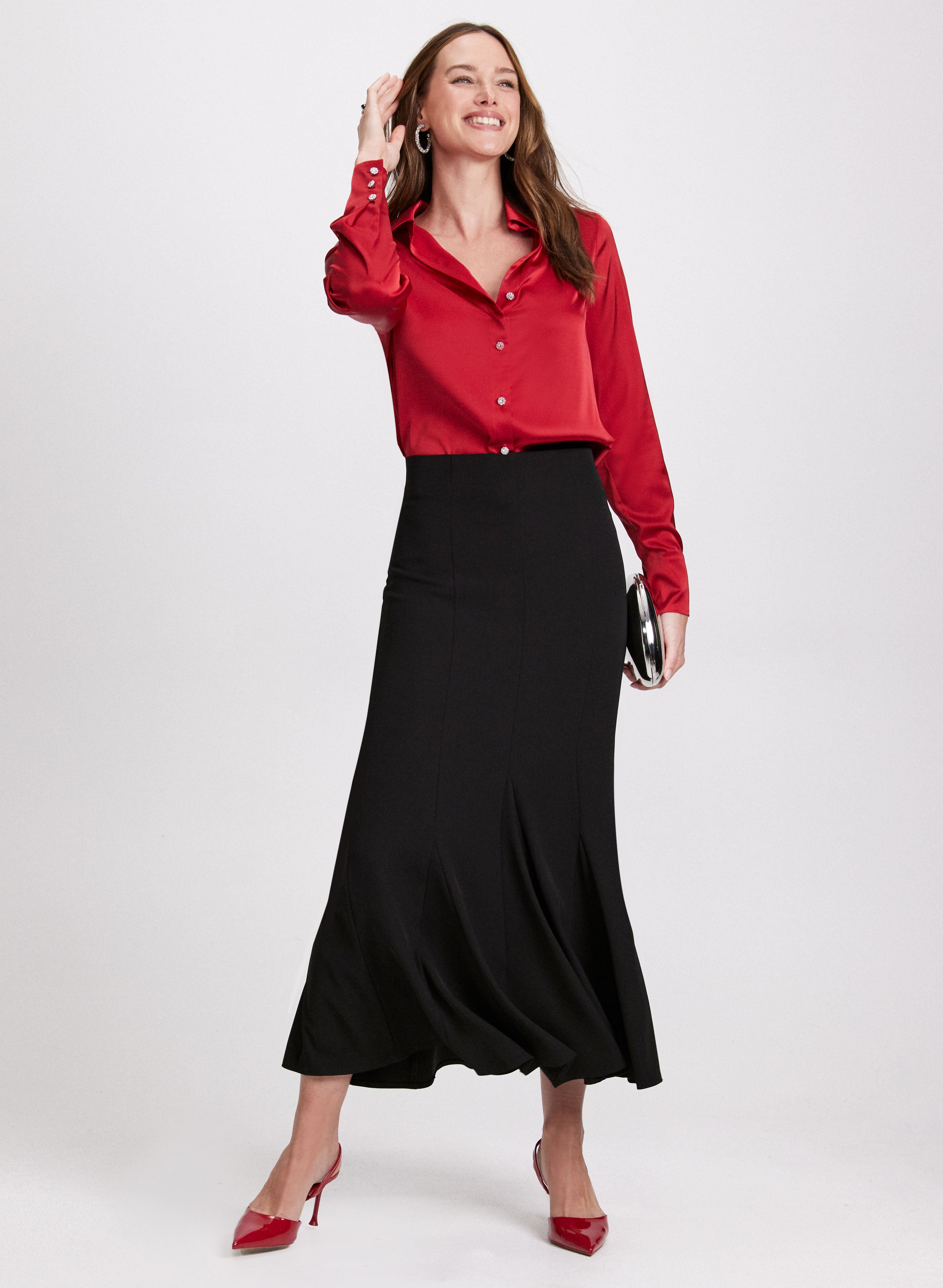 Satin Rhinestone Button Blouse