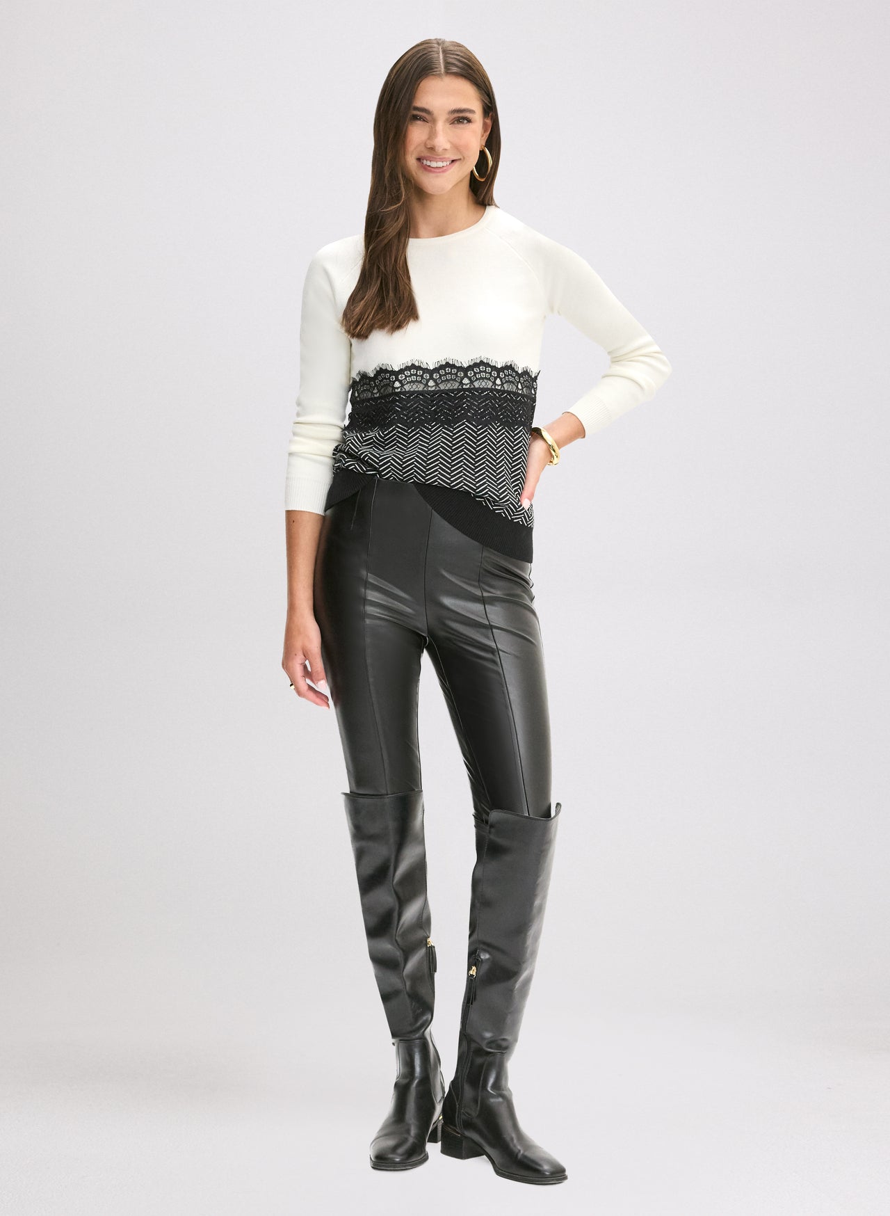 Printed Lace Overlay Sweater