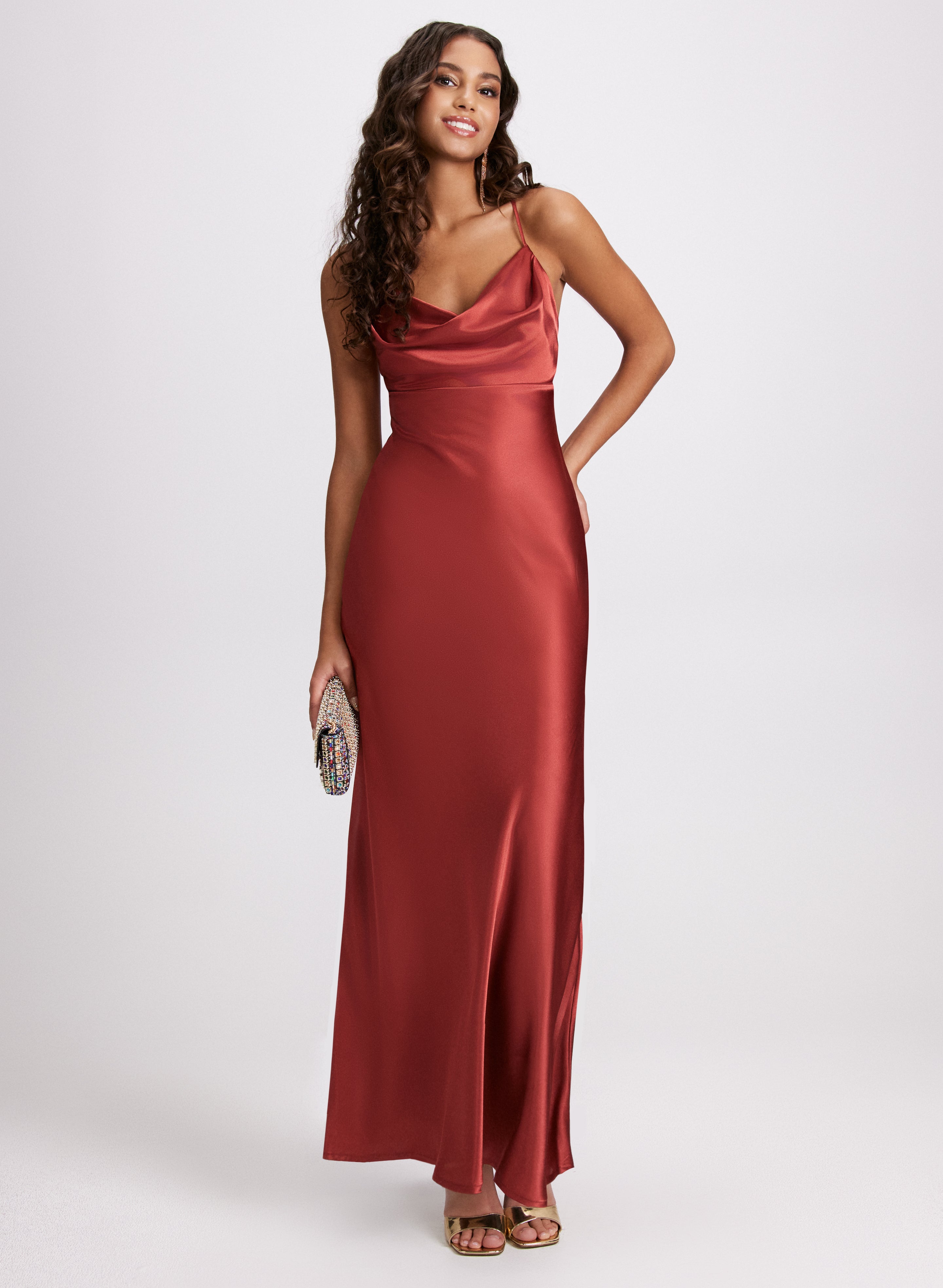 Drape Neck Satin Dress