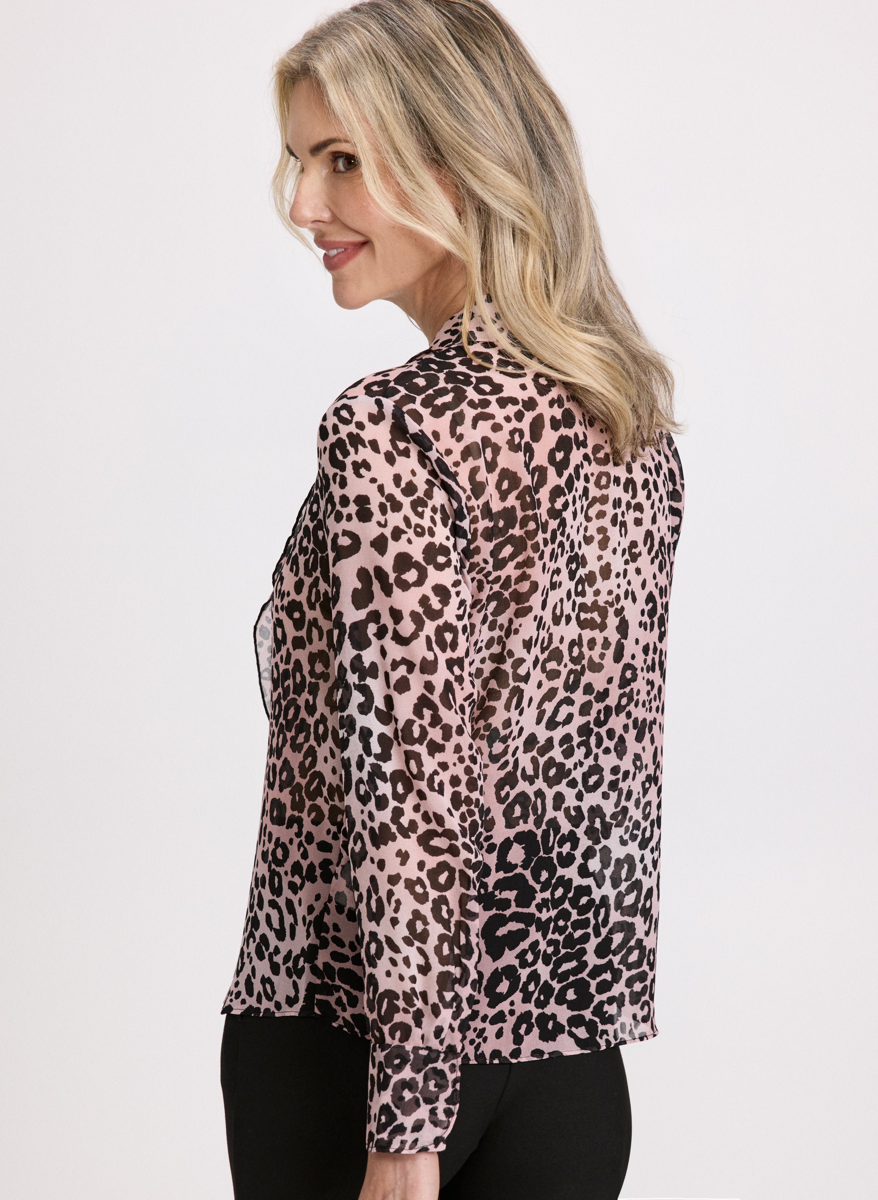 Animal Print Ruffle Front Blouse