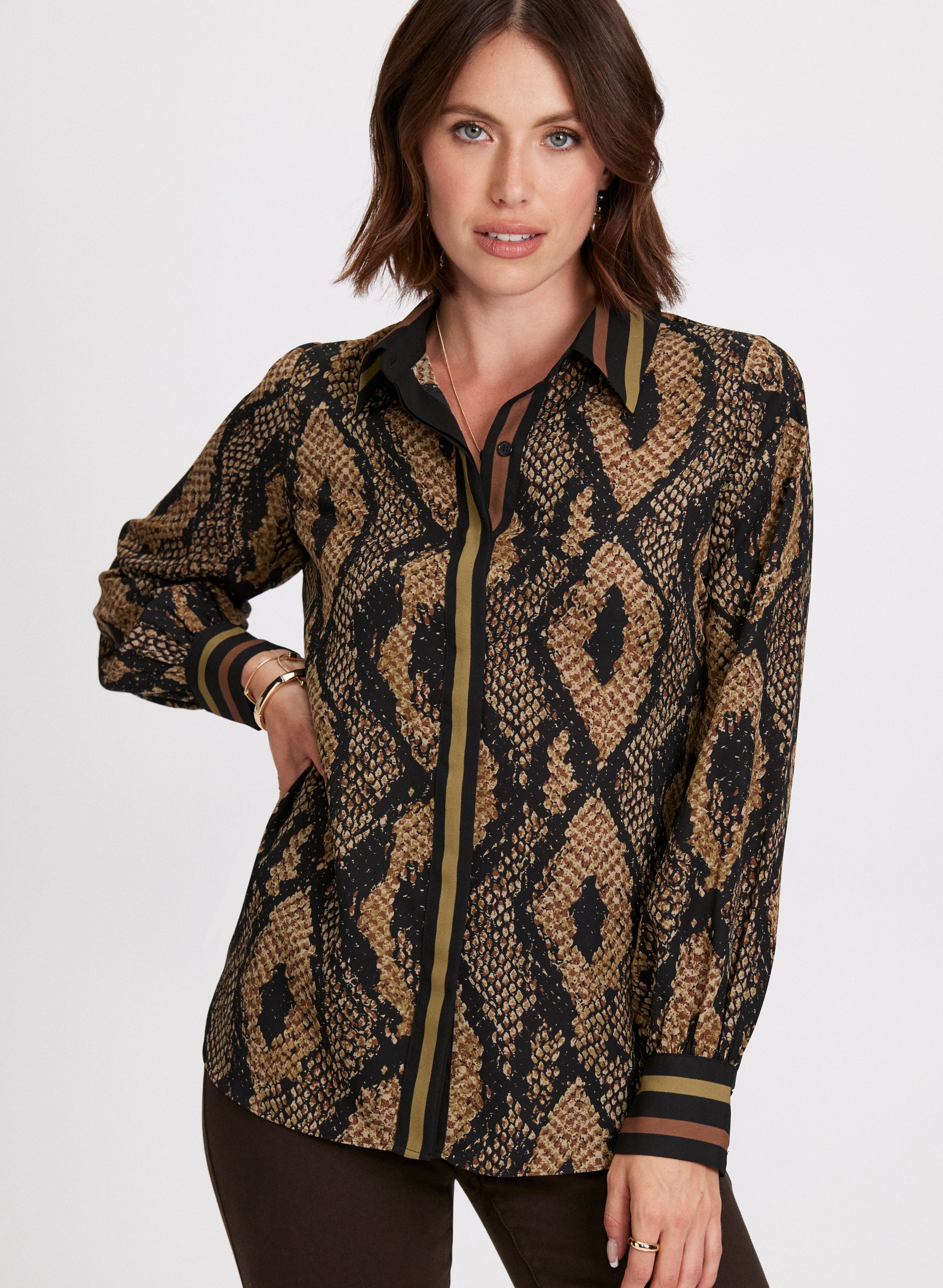 Snake Print Button-Up Blouse