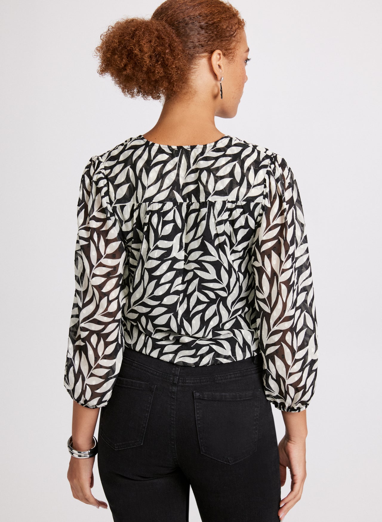 Leaf Print Tie-Front Blouse