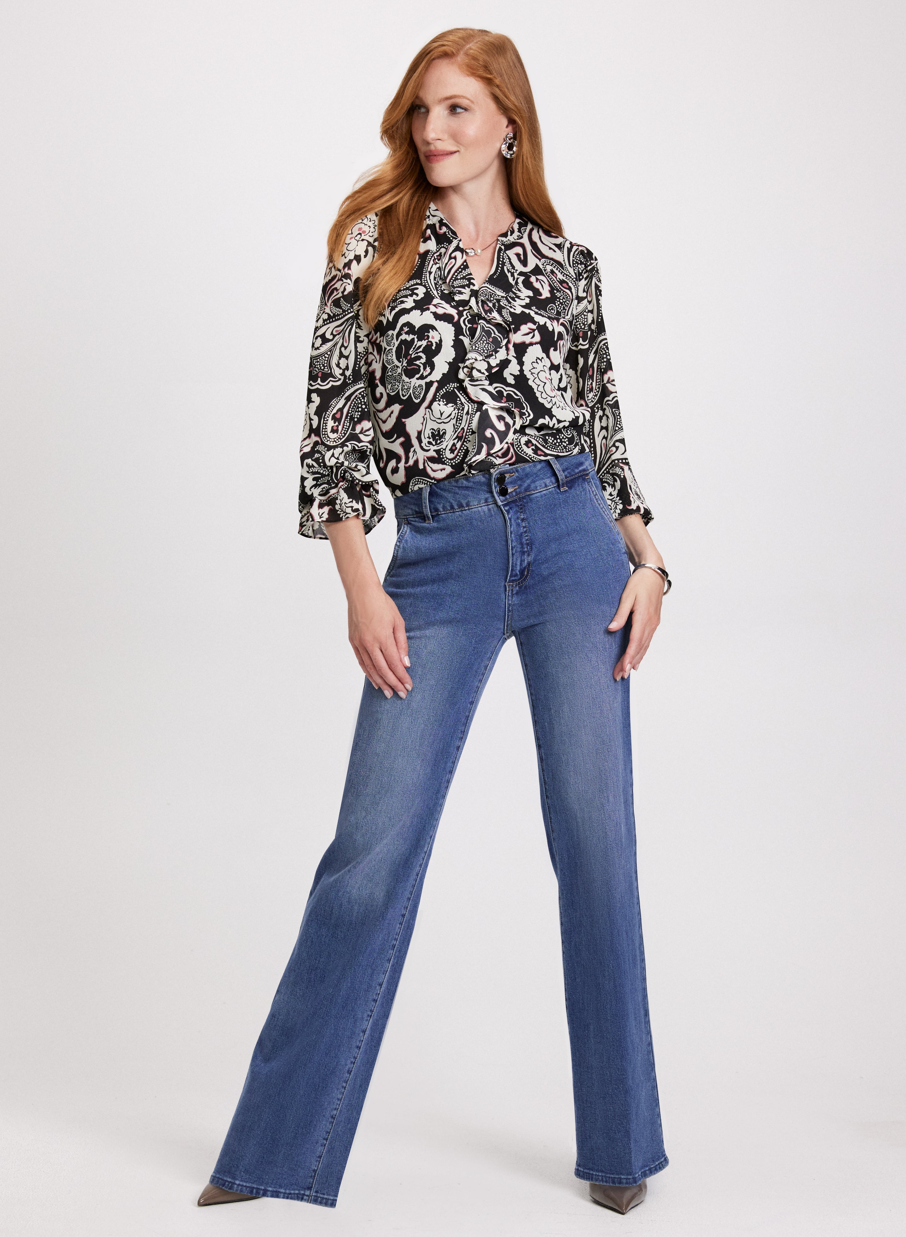Paisley Print Ruffle Front Blouse