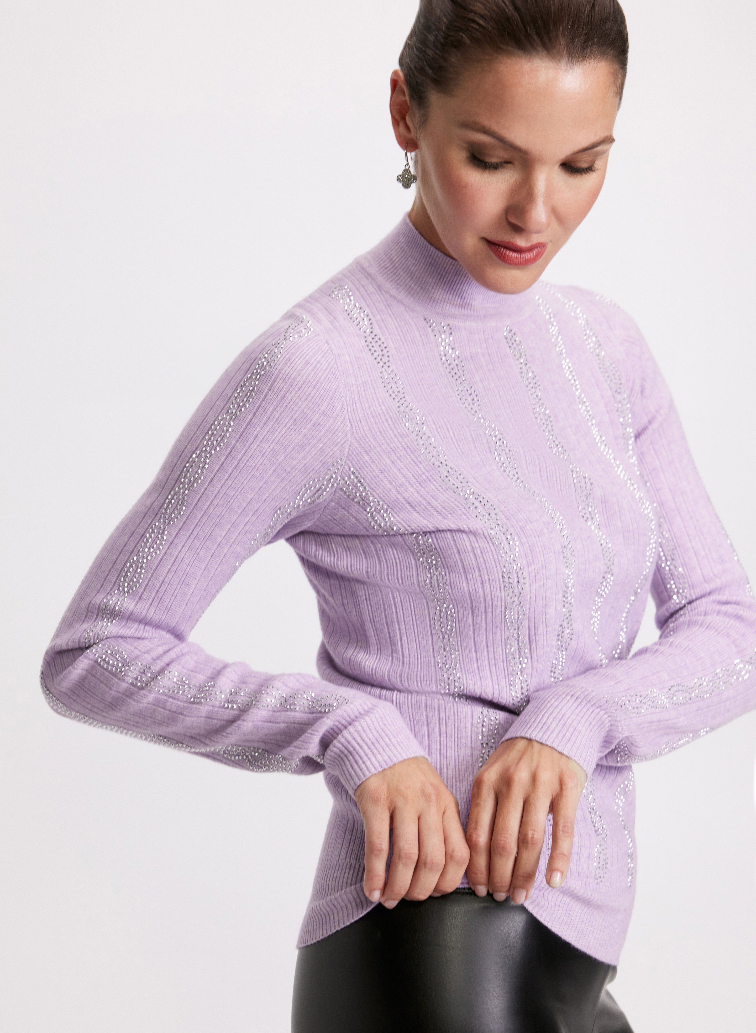 Rhinestone Embellished Ribbed Knit Sweater