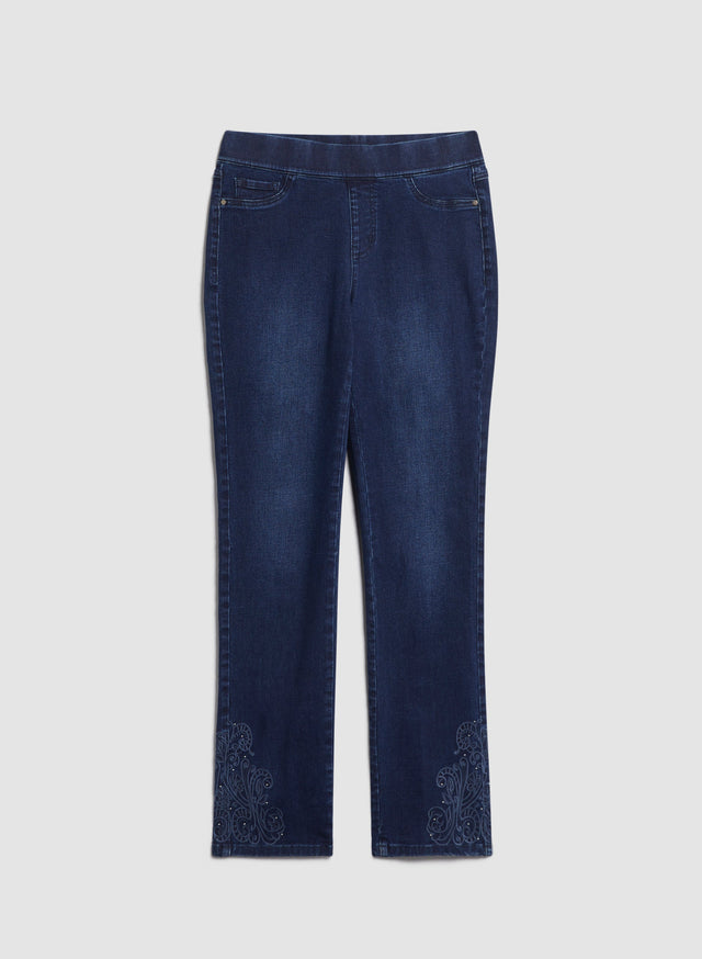 Pull-On Embroidered Hem Jeans