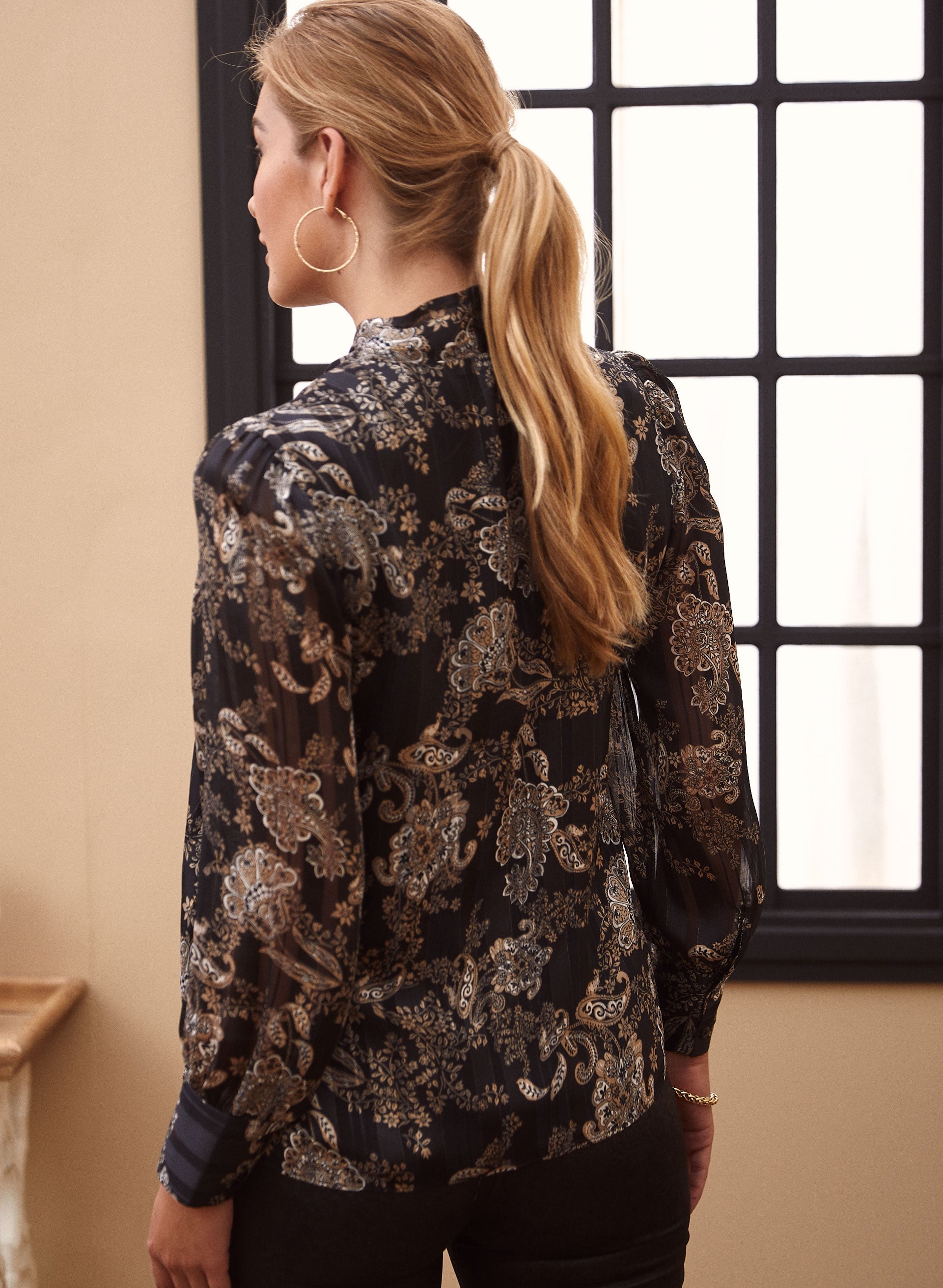 Metallic Tie Neck Blouse